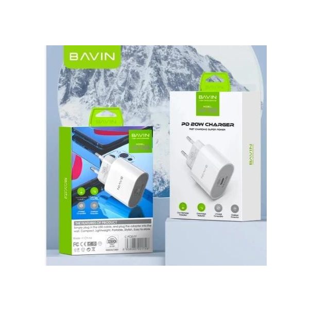 BAVIN Punjač 20W USB-C + kabl type-C 60W, bela