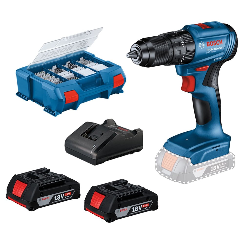 BOSCH 0615990N2P GSB 185-Li 18 V 2 x 2 Ah Akumulatorska vibraciona bušilica + 82-delni set pribora u koferu