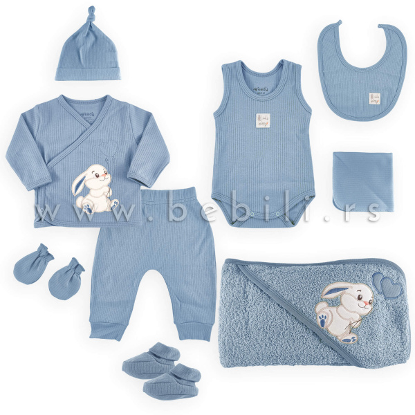 Ready pamučni set za bebe 9 delova Bunny Plavi