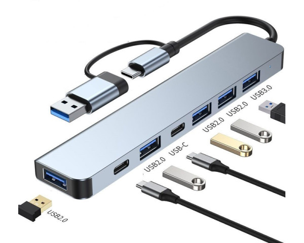 E-GREEN Adapter USB 3.0USB 3.1 tip C (M) - USB 3.0 + 3 x USB 2.0 + 3.5mm audio + SDTF + 1 x tip C (8 u 2)