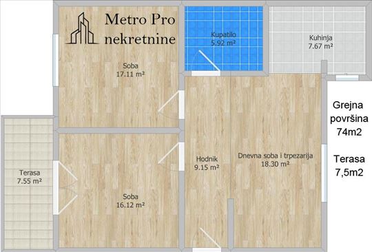 Terazije, salonski stan, 74m2 + 7,5m2 terasa