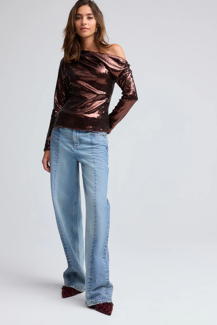 Brown Sequin Longsleeve Drape Top