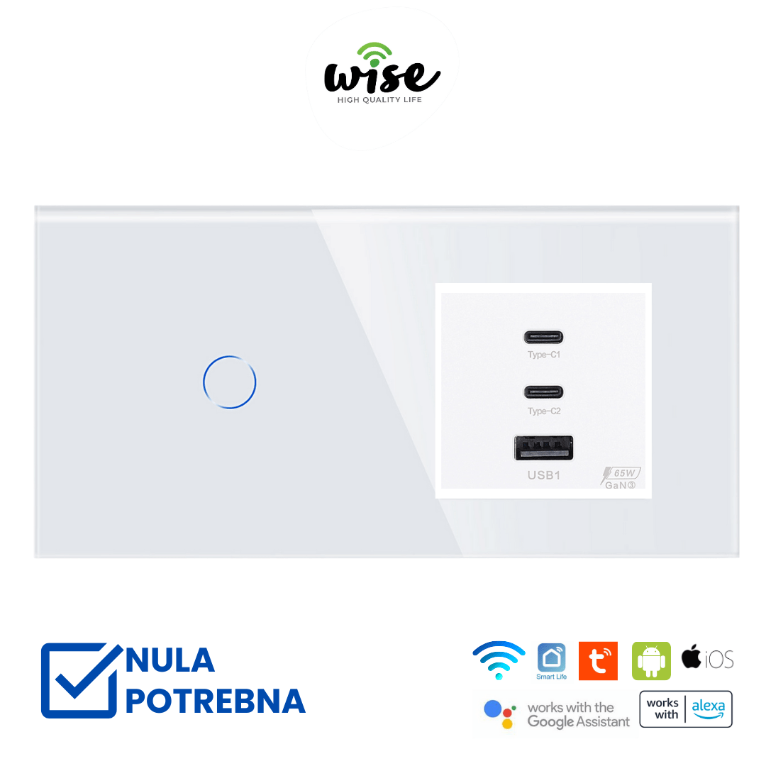 Wise pametni prekidač 2 tastera i utičnica – modularni set, stakleni panel, beli