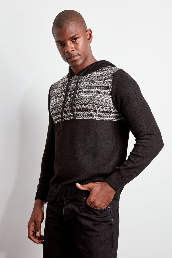 Trendyol Men's Black Panel Jacquard Hooded Sweater