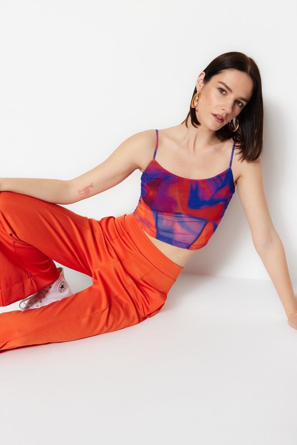 TRENDYOL BLUE PATTERNED FITTED CROP TULLE STRETCH KNITTED BLOUSE WITH STRAPS