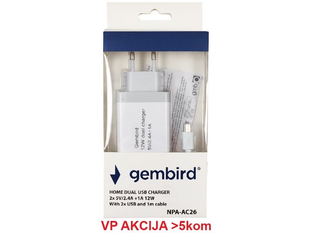 NPA-AC26 ** Gembird punjac za telefone i tablete 2x5v/2.4A+1A 12W +micro USB DATA kabl 1M (263)