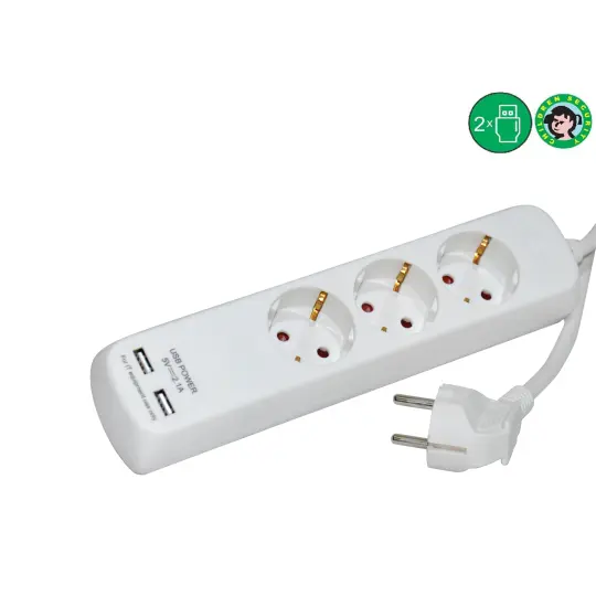 PM3X-2M DZ Produžni kabl, 3xšuko, 2xUsb, 16A, 3680W, 250V, 2m