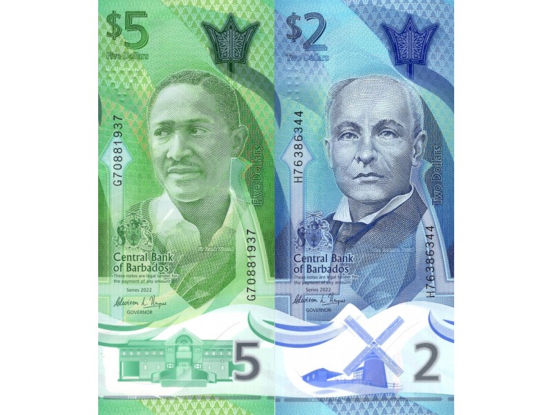 BARBADOS lot 2 i 5 Dollars 2022 UNC, Polymer