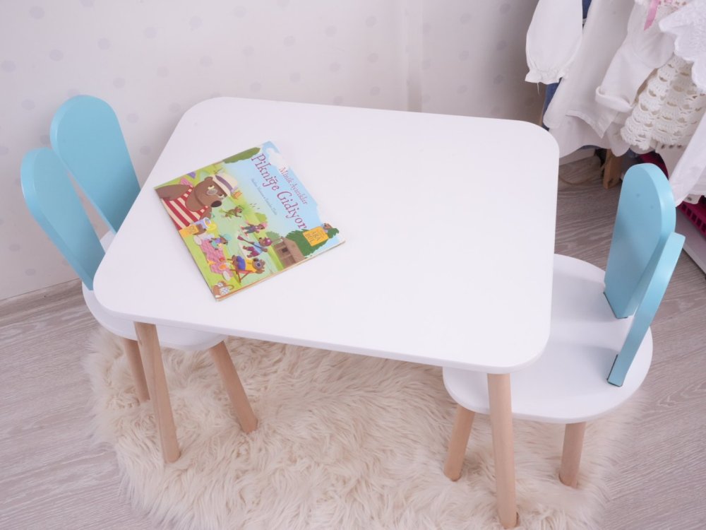 HANAH HOME DEČIJI STO I STOLICE BUNNY TWO CHAIR SET BABY BLUE WHITE