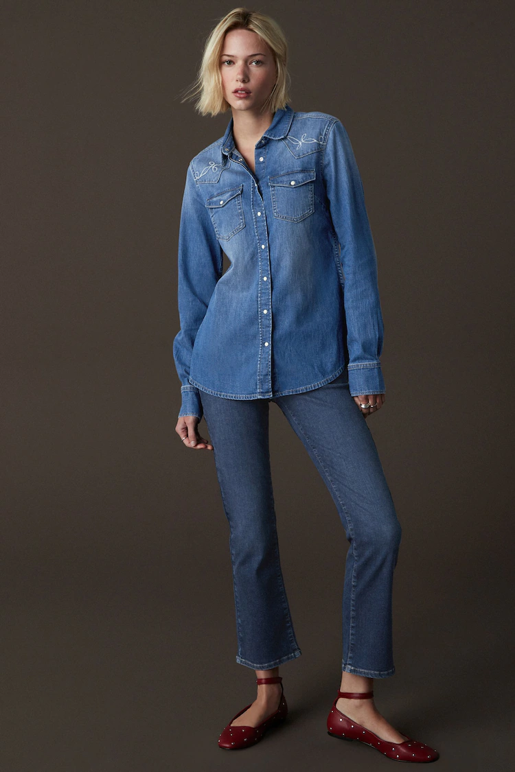 Blue Embroidered Seam Detail Fitted Denim Western 100% Cotton Shirt