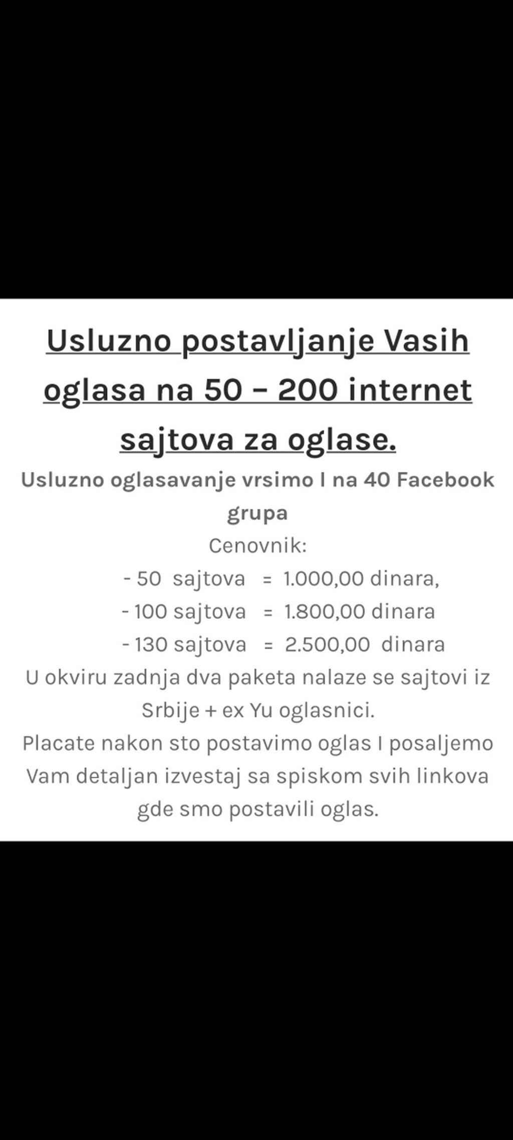 Uslužno postavljam Vaš oglas na internet oglasne sajtove. Bilo da