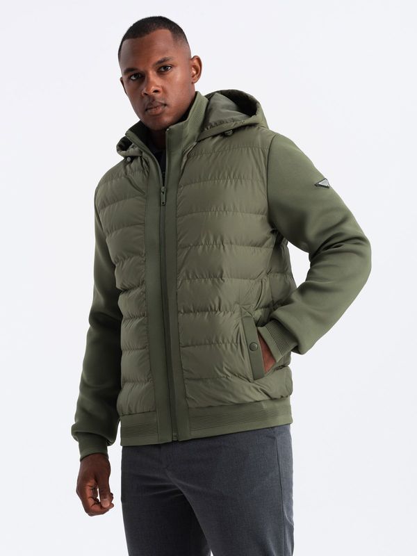 OMBRE MEN'S QUILTED BOMBER JACKET WITH HIGH COLLAR - DARK OLIVE GREEN
