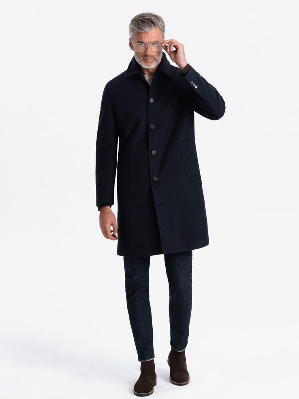 OMBRE MEN'S LONG SINGLE-BREASTED COAT WITH COLLAR AND UNDERCOAT - NAVY BLUE