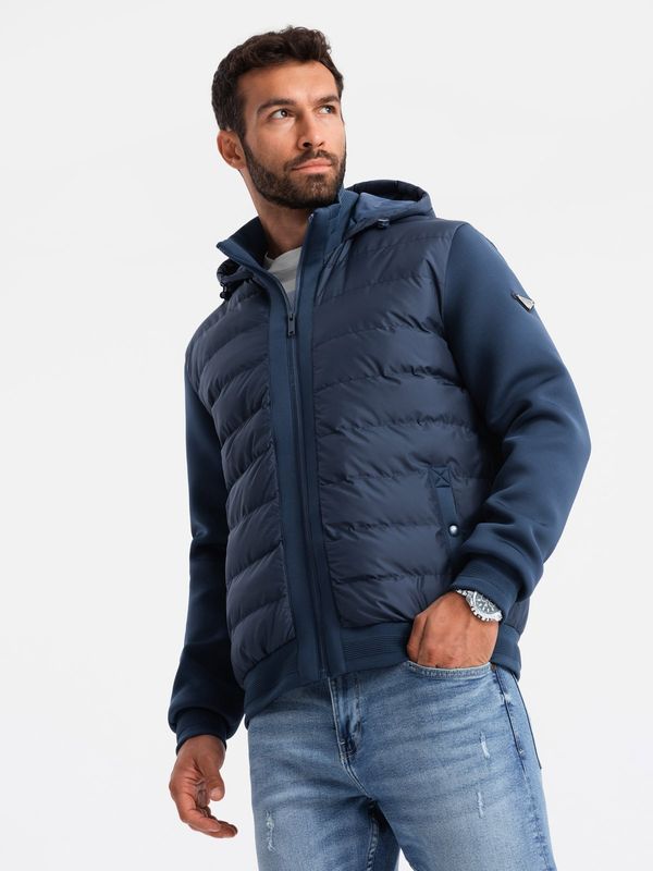 OMBRE MEN'S QUILTED BOMBER JACKET WITH HIGH COLLAR - NAVY BLUE