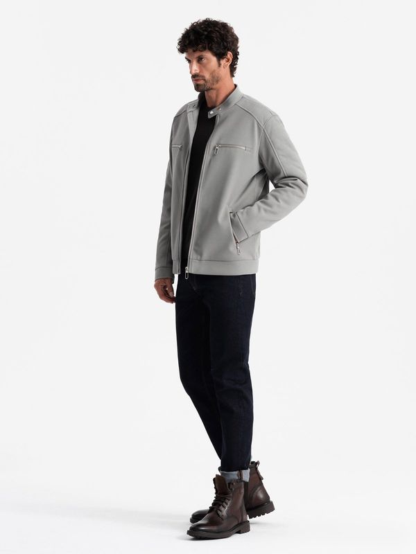 OMBRE MEN'S BIKER JACKET WITH POCKETS AND COLLAR - GREY