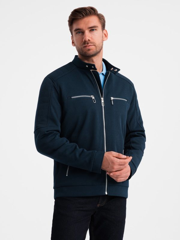 OMBRE MEN'S BIKER JACKET WITH COLLAR AND POCKETS - NAVY BLUE