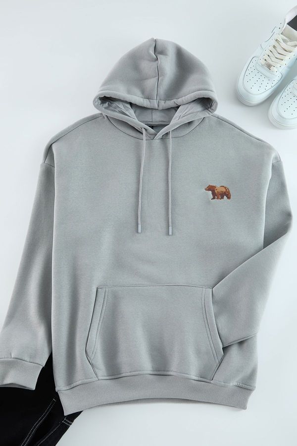TRENDYOL GREY OVERSIZE/WIDE CUT HOODED ANIMAL EMBROIDERED FLEECE INSIDE SWEATSHIRT