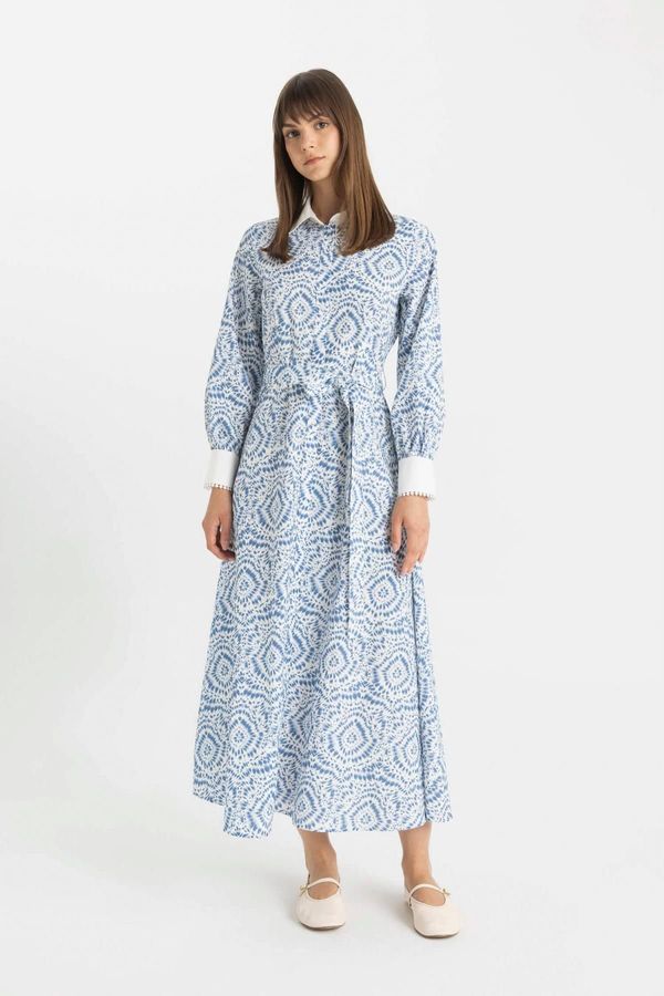 DEFACTO PATTERNED LONG SLEEVE POPLIN MAXI DRESS