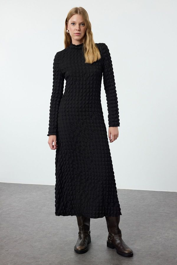 TRENDYOL BLACK PLAIN TEXTURED HIGH COLLAR A-LINE FLEXIBLE MAXI KNITTED DRESS