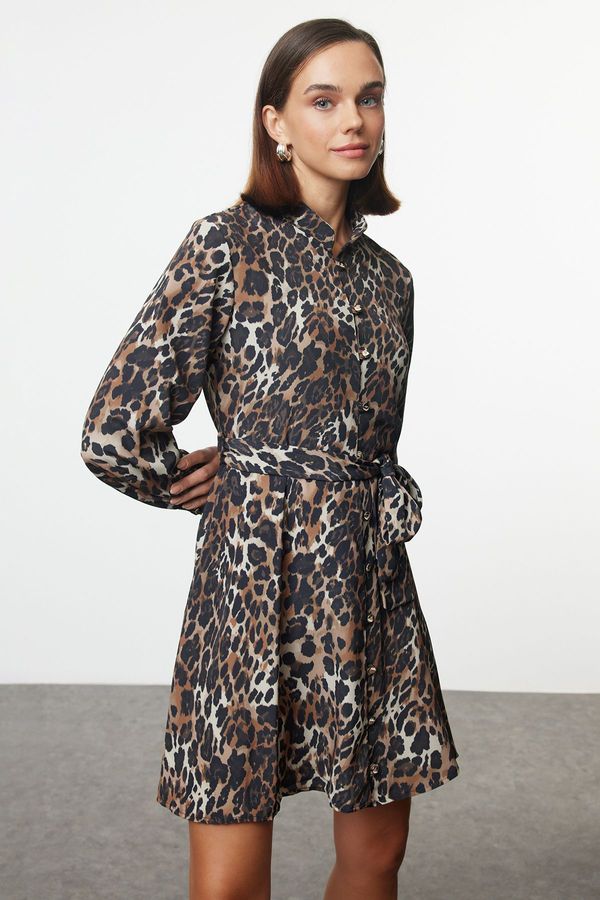 TRENDYOL BROWN BELTED LEOPARD PATTERN LINED MINI WOVEN SHIRT DRESS