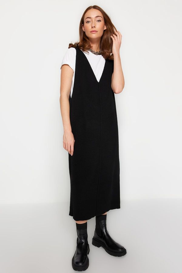 TRENDYOL BLACK MAXI KNITWEAR V-NECK GILET DRESS