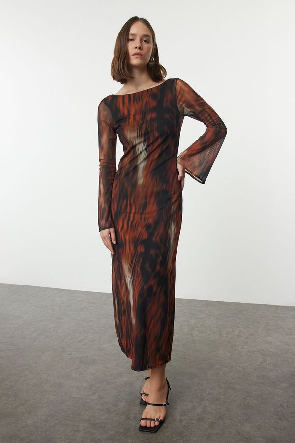 TRENDYOL CINNAMON ABSTRACT BACKLESS TULLE BOAT NECK FLEXIBLE MAXI KNIT DRESS
