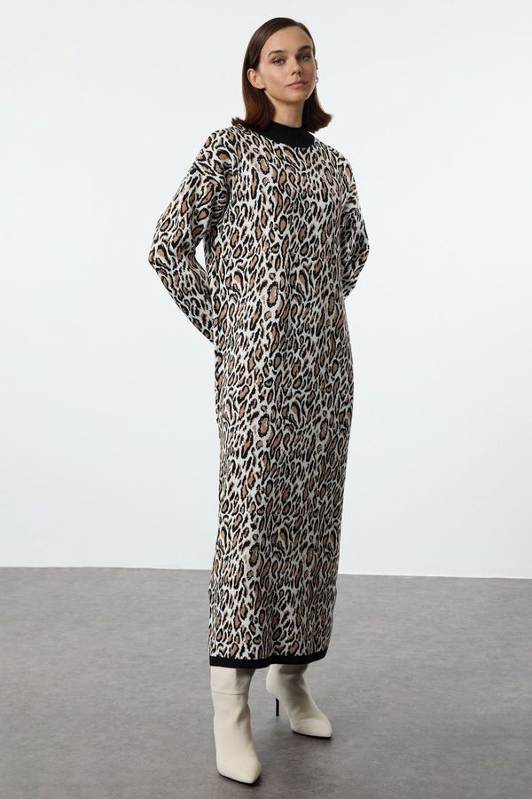 TRENDYOL BLACK LEOPARD PATTERNED KNITWEAR DRESS