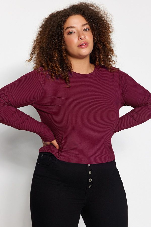 TRENDYOL CURVE CLARET RED BODYCONE CORDED KNITTED BLOUSE