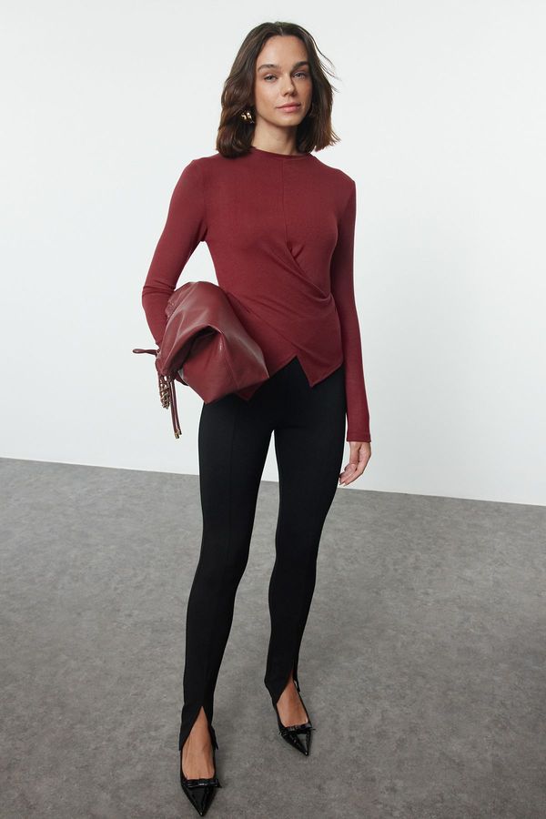 TRENDYOL BURGUNDY DOUBLE BREASTED GATHERED/DRAPE DETAILED SLIM/FITS BODY KNITTED BLOUSE
