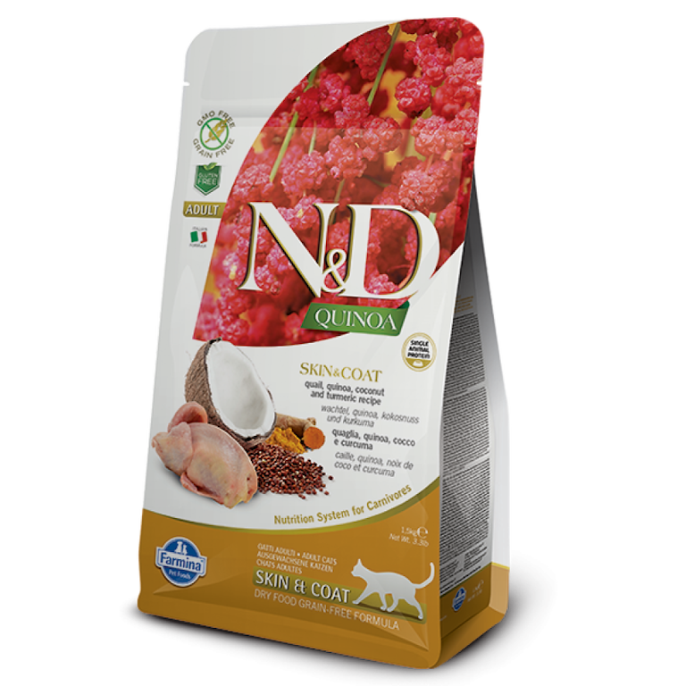 N&D Quinoa hrana za mačke - Skin&Coat Quail Cocunut&Curcuma 5kg