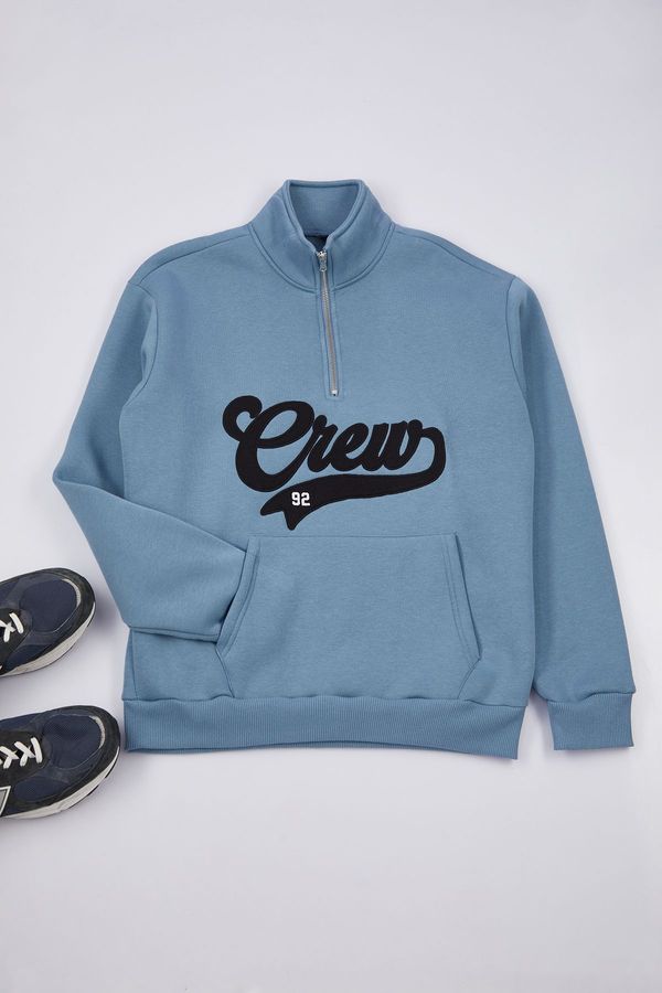 Trendyol Blue Stand-up Collar Oversize/Wide Cut Text Embroidered Sweatshirt