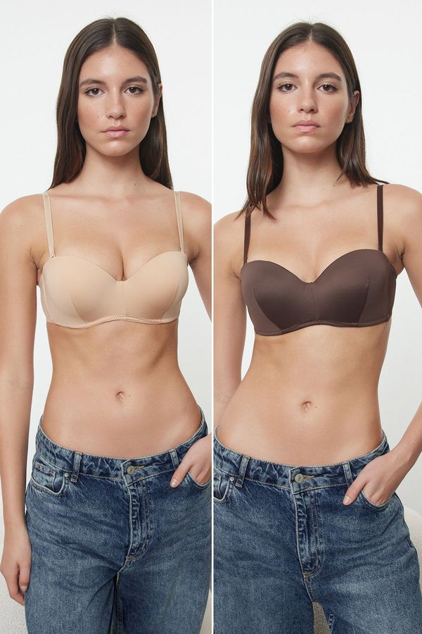 TRENDYOL BROWN-DARK SKIN 2-PACK ROPE STRAPLESS PADDED FULL CUP BALCONET KNITTED BRA