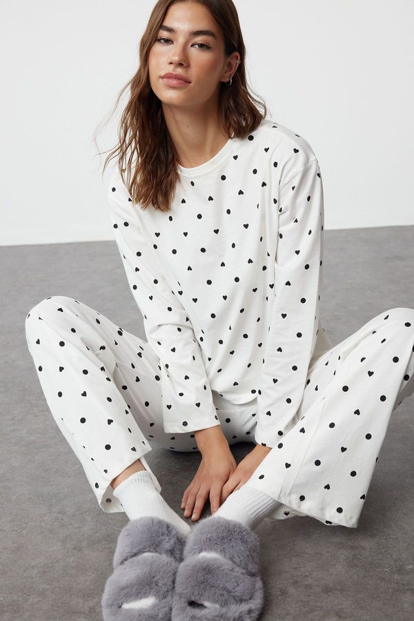 TRENDYOL ECRU 100% COTTON POLKA DOT AND HEART PATTERNED KNITTED PAJAMA SET