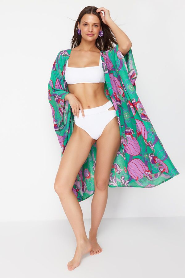 TRENDYOL TROPICAL PATTERNED BELTED MAXI WOVEN KIMONO & KAFTAN