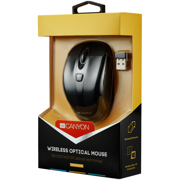 CANYON MSO -W6 2.4GHz wireless optical mouse with 6 buttons, DPI 800/1200/1600, Black, 92*55*35mm, 0.054kg