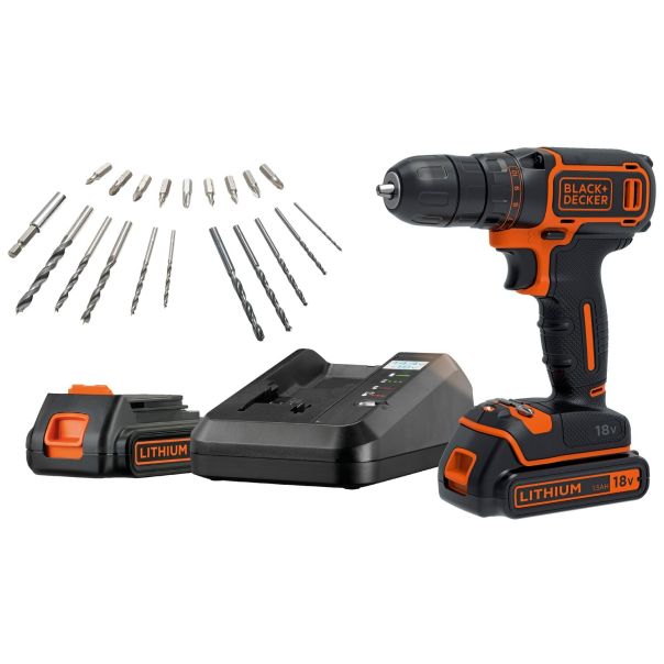 BLACK & DECKER Aku bušilica odvijač 18V 2 x 1,5 Ah BDCDC18K1BA sa setom pribora u koferu