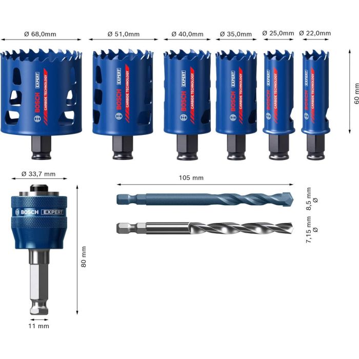 Bosch 9-delni komplet EXPERT Tough Material testera za otvore od 22/25/35/40/51/68 mm