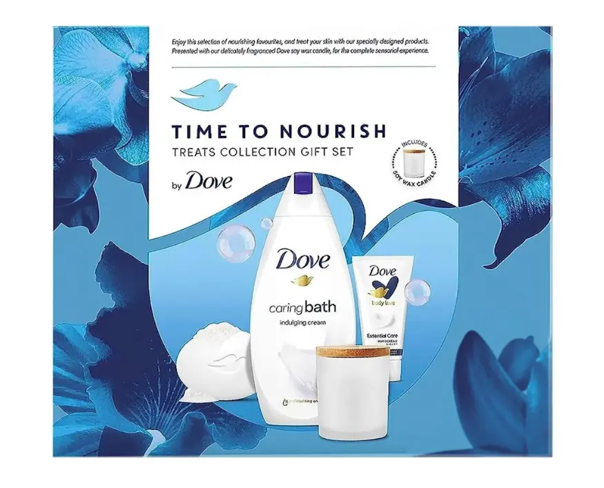 DOVE Ženski poklon set Time to nourish Caring bath 450 ml + krema za ruke Essential 75 ml + sapun Regular 90 g + sveća od sojinog voska )