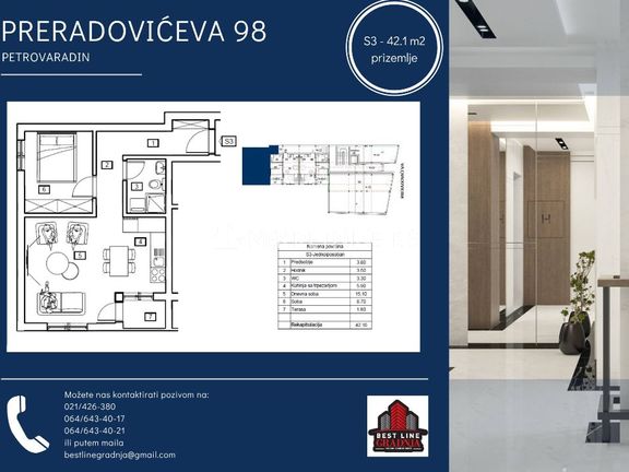 S3 - 42.10 m2 - JEDNOIPOSOBAN STAN U IZGRADNJI! PRERADOVIĆEVA 98 - PETROVARADIN, NOVI SAD!