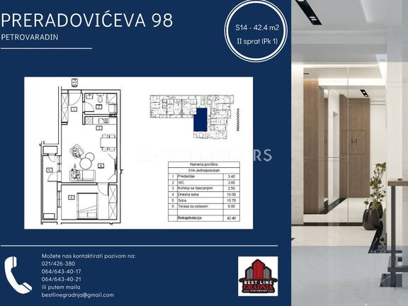 S14 - 42.40 m2 - JEDNOIPOSOBAN STAN U IZGRADNJI! PRERADOVIĆEVA 98 - PETROVARADIN, NOVI SAD!