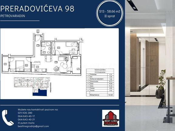 S13 - 58.66 m2 - DVOIPOSOBAN STAN U IZGRADNJI! PRERADOVIĆEVA 98 - PETROVARADIN, NOVI SAD!