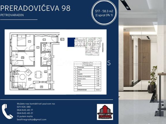 S17 - 58.30 m2 - DVOIPOSOBAN STAN U IZGRADNJI! PRERADOVIĆEVA 98 - PETROVARADIN, NOVI SAD!