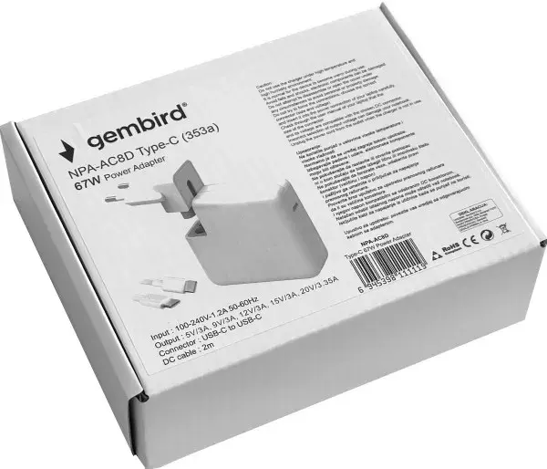 Gembird NPA-AC8D Punjač za laptop, 67W, USB-C to USB-C, 5V/3A,9V/3A,12V/3A,15V/3A, 20V/3.35A