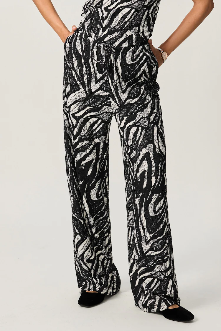 Black/White Print Textured Wide Leg Jersey Trousers