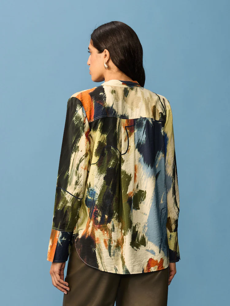 Multicoloured Abstract Print Long Sleeve Textured Overhead V-Neck Blouse