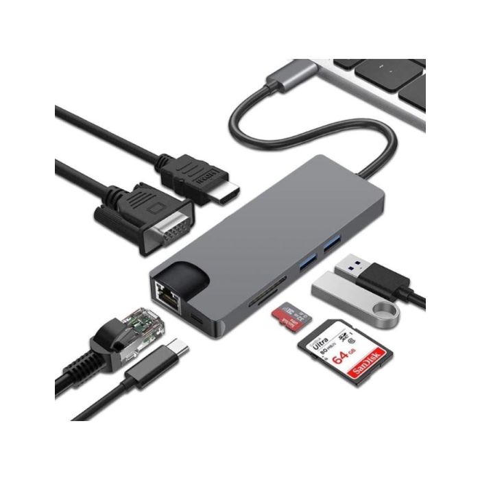 Adapter E-green USB(C)-HDMI+VGA+LAN+2USB3+USB(C)+CR