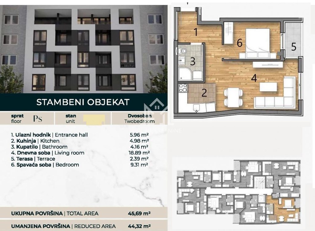 Dvosoban stan, 44. 32 m2, četvrti sprat, sa PDV-om