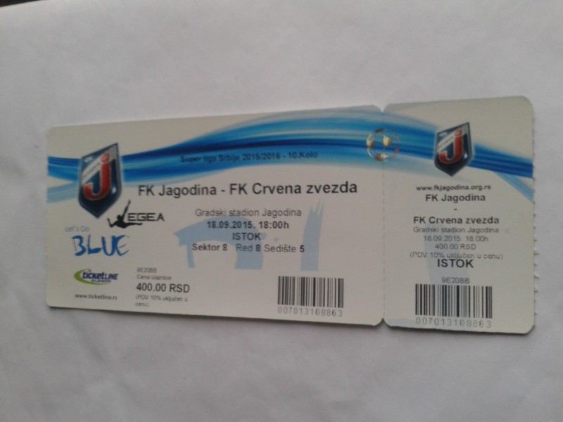 Ulaznica-FK.Jagodina-FK.Crvena Zvezda iz 18.09.2015 god