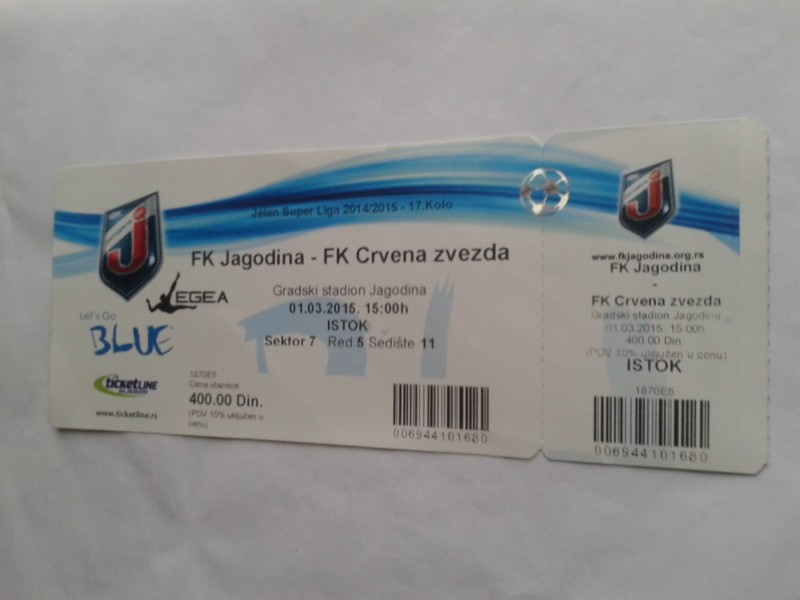 Ulaznica-FK.Jagodina-FK.Crvena Zvezda iz 01.03.2015 god