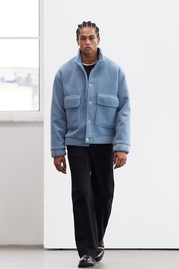 TRENDYOL LIMITED EDITION BLUE REGULAR FIT STAND COLLAR POCKET DETAIL SNAP SOFT WINTER COAT
